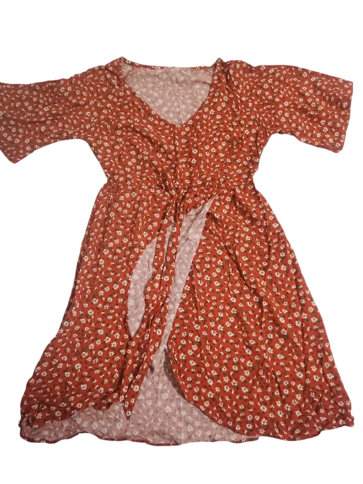 Vestido rojo con flores, manga 3/4 - Sybilla | Sweatsy